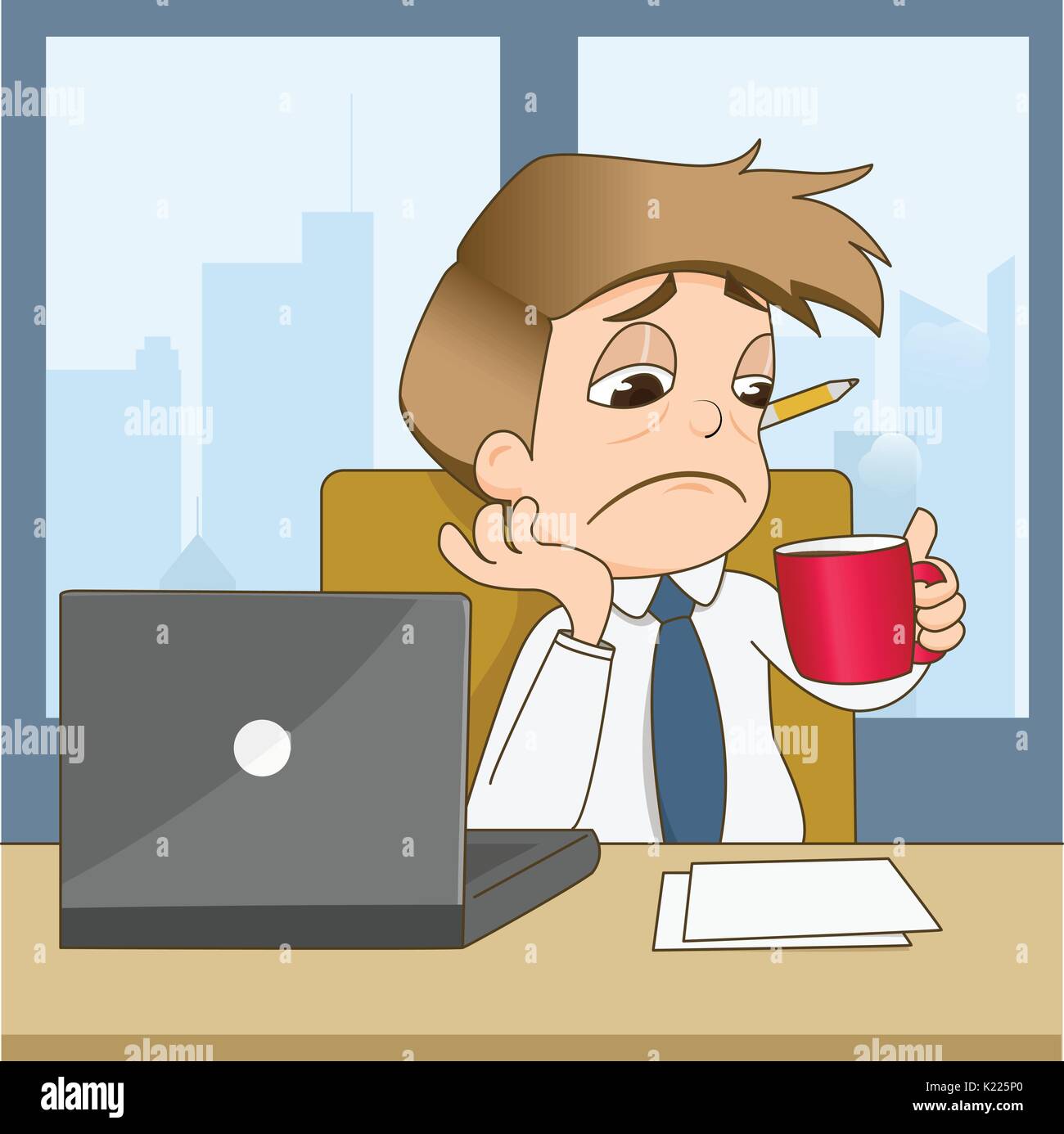 Langweilig Geschäftsmann trinken Kaffee im Büro - Vector Illustration ...