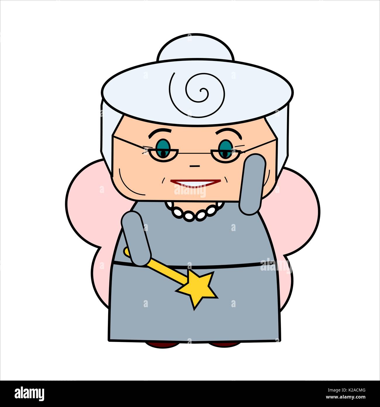 Cartoon gute Fee mit Zauberstab, Flügel, graue Haare und eine Brille ...