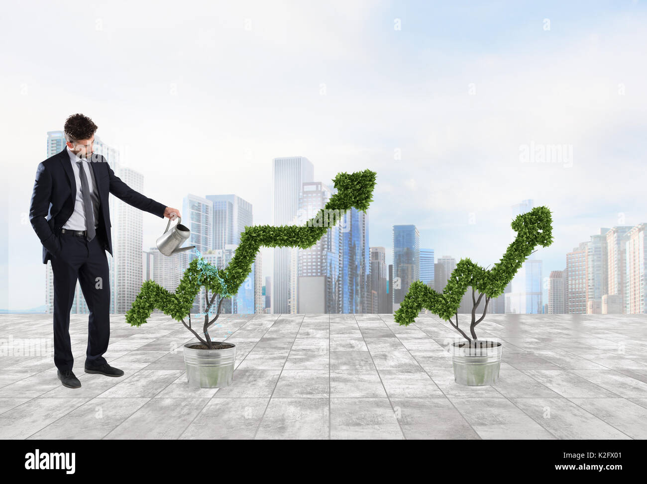 Unternehmer, die Bewässerung eine Pflanze mit einer Form der Pfeil ...