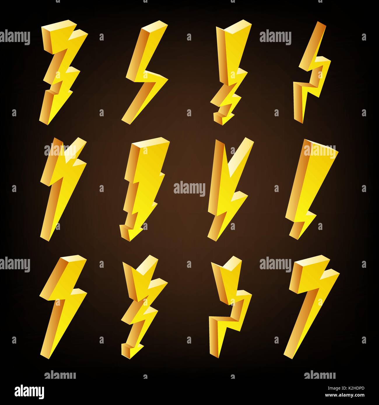 Blitz Zeichen Vektor einrichten. Cartoon Golden 3D-Lightning isoliert ...