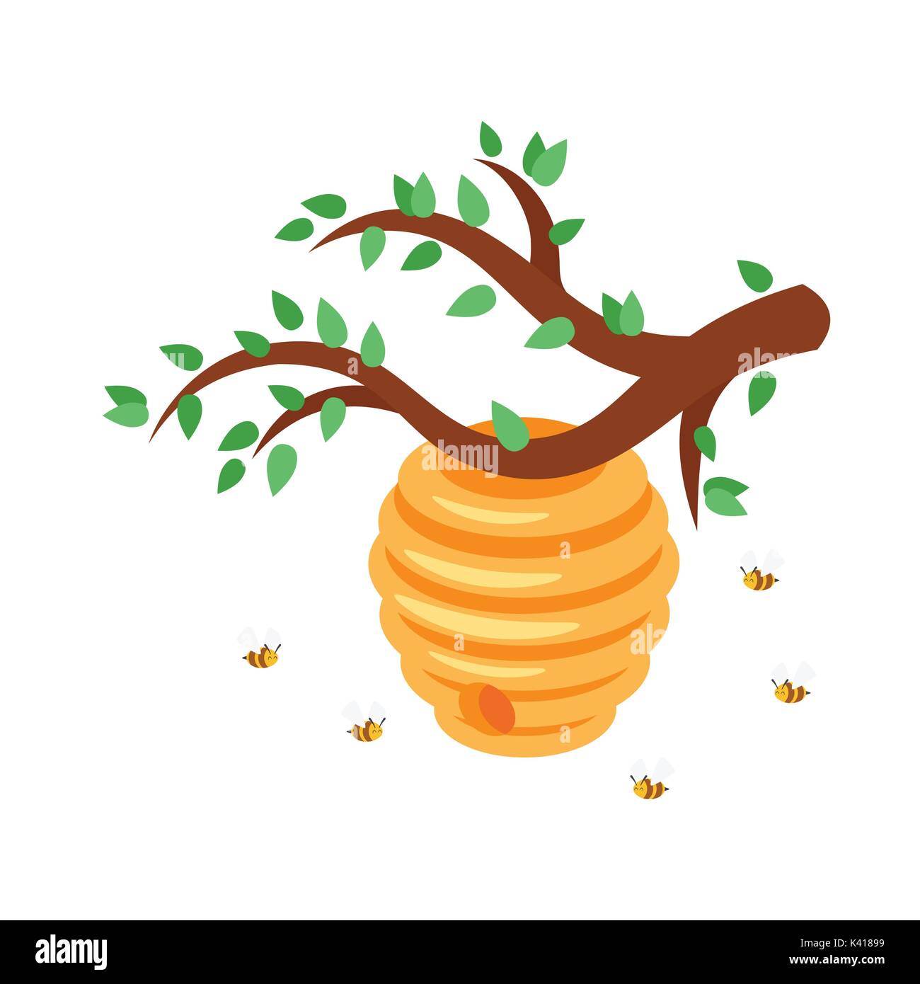 Vektor Cartoon Stil Bienenstock mit fliegenden Bienen um. Auf weissem ...