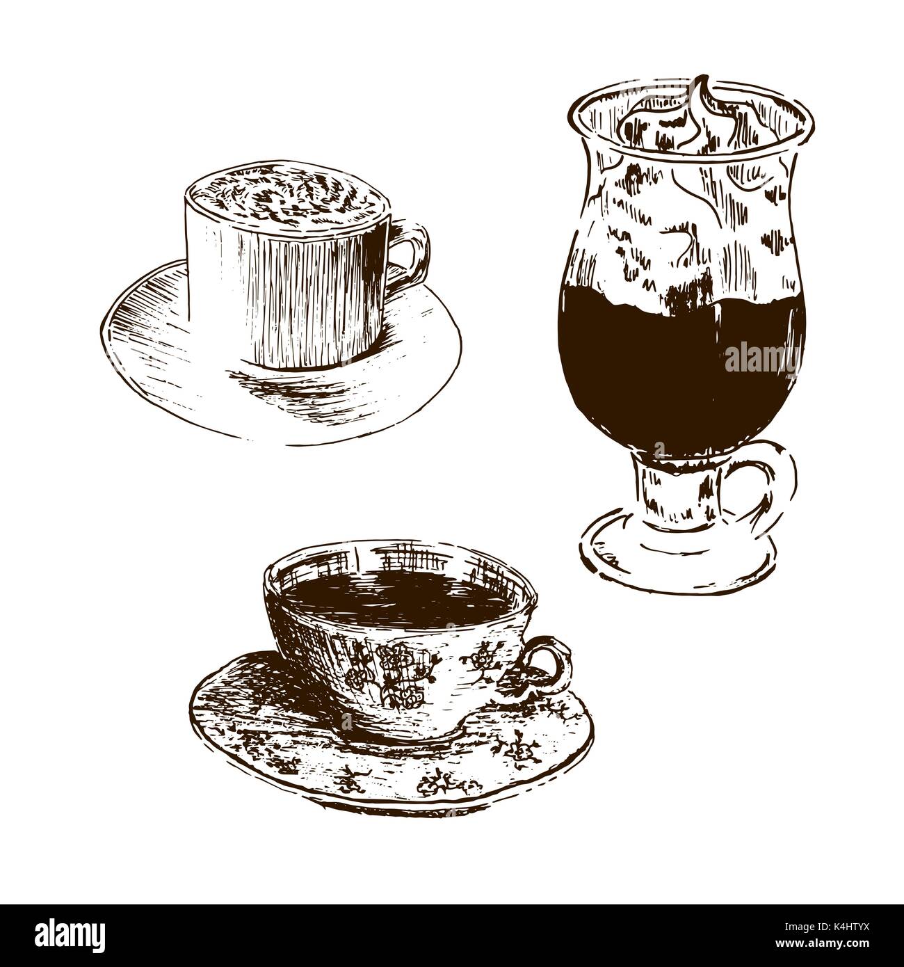 Kaffee und Tee. Grafik hand cups Vektor Skizze Abbildung gezeichnet ...