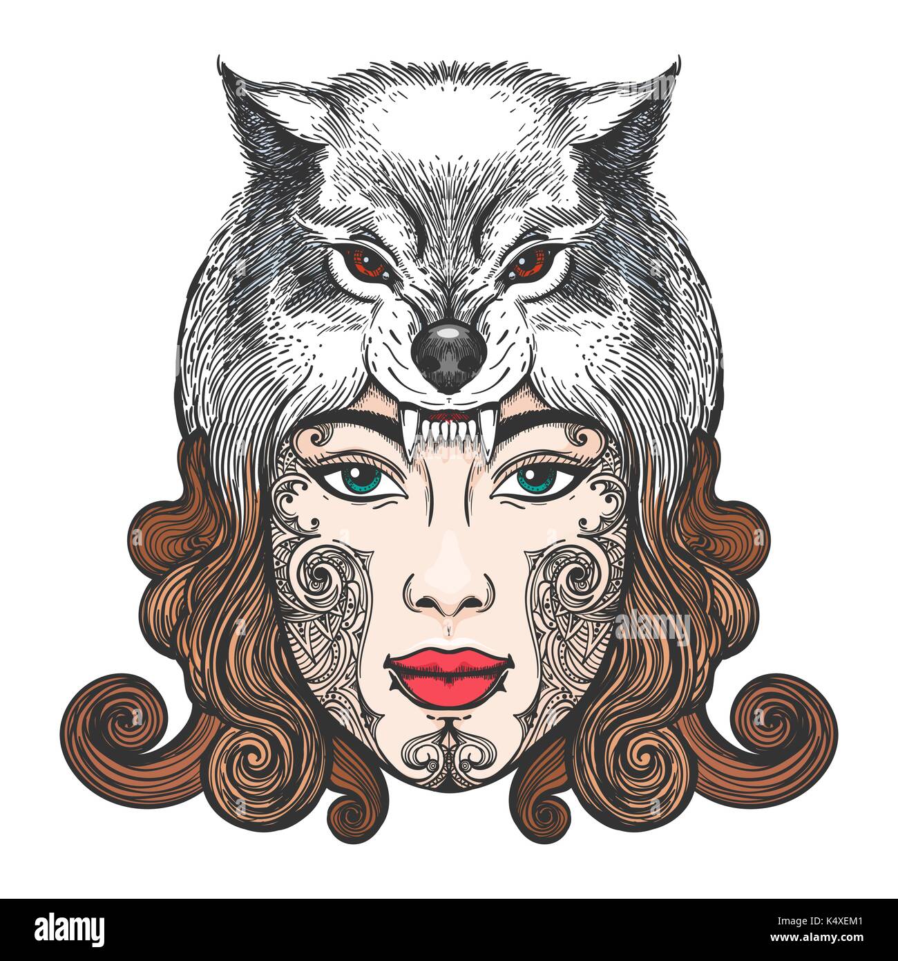 Mädchen Gesicht mit Tribal Tattoo in einen Hut in der Form eines wolf Kopf. Vector Abbildung ...