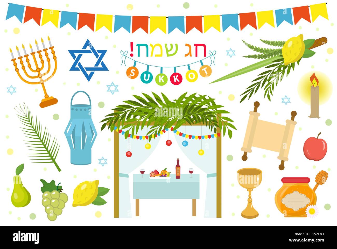 Happy Sukkot Icon Set, flach, Cartoon Stil. Collection-objekte ...