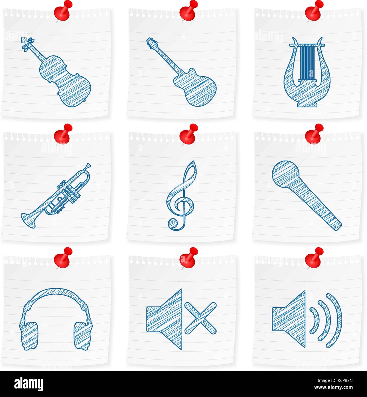 Papier Hinweis und Zeichnung Musik Symbol auf weißem Grund. Vektor ...