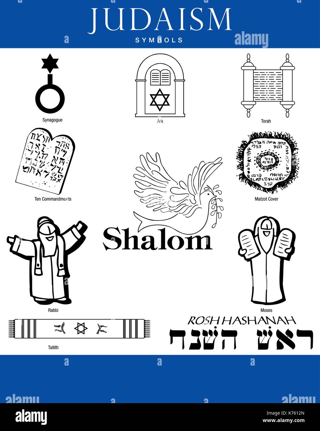 Satz von Judentum Symbole auf weißem Hintergrund mit blauen Balken ...