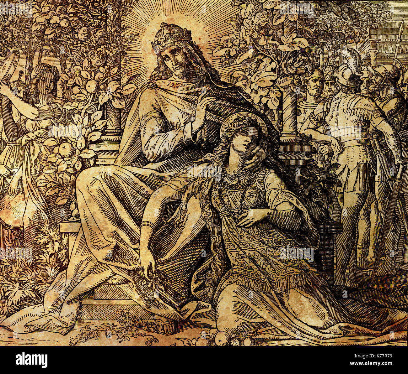 König Salomo und seine Liebe, Hohelied, Grafik Collage von der Gravur ...