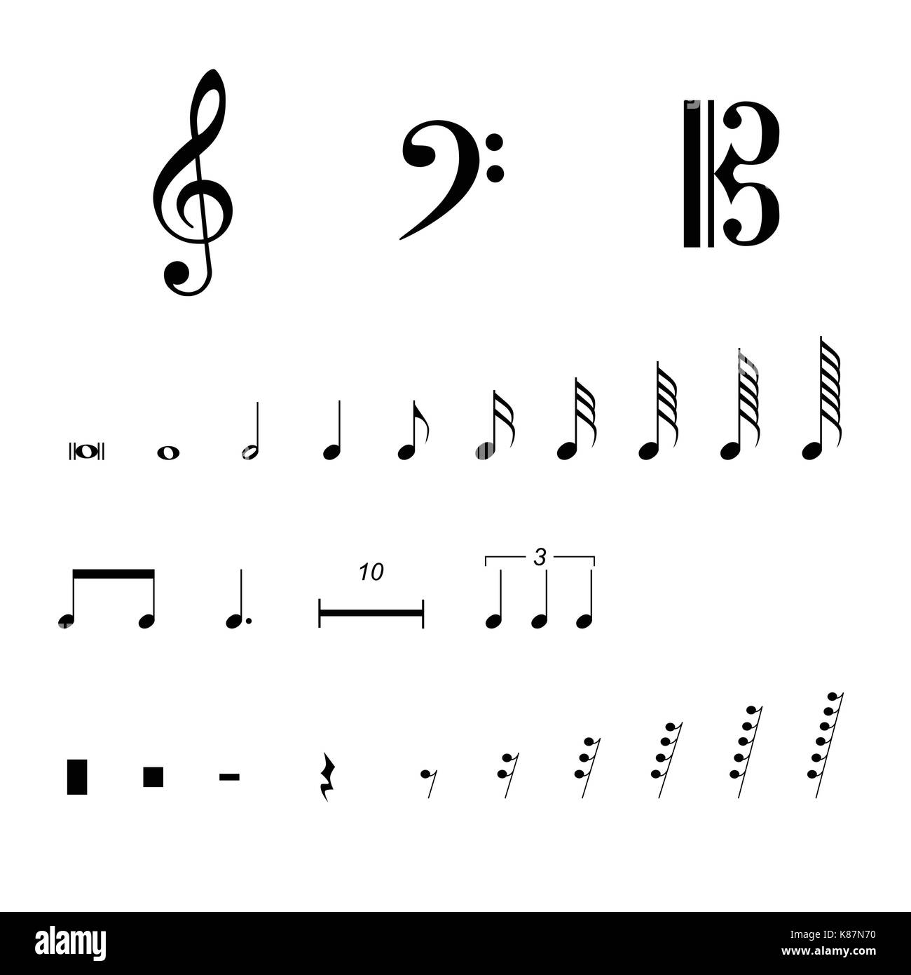 Vector Illustration Noten und Pausen. Schwarze Musik Symbole auf Weiß ...