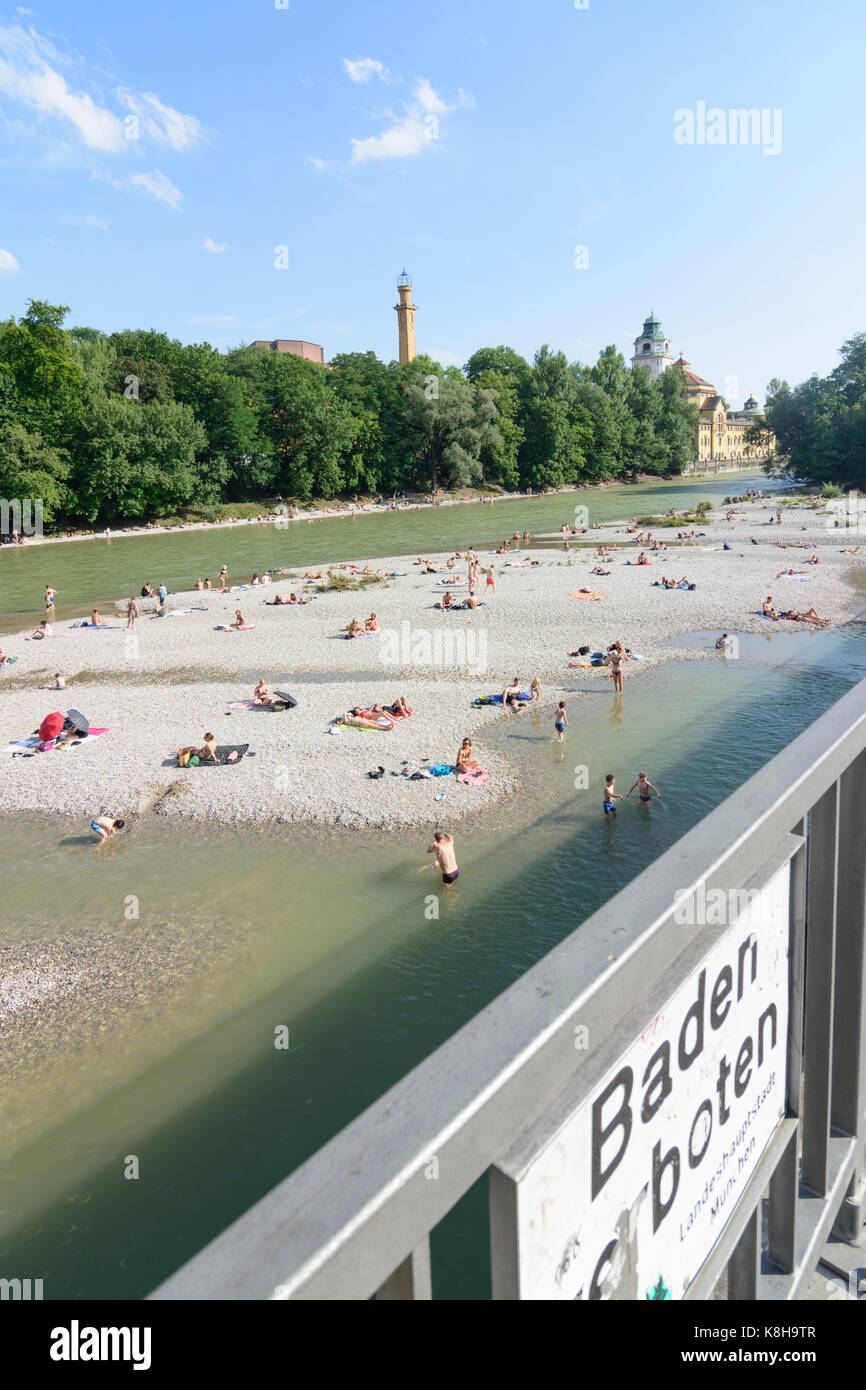 Strand auf Insel Isarinsel Isar, Blick vom Wehrsteg zu Müllersches ...