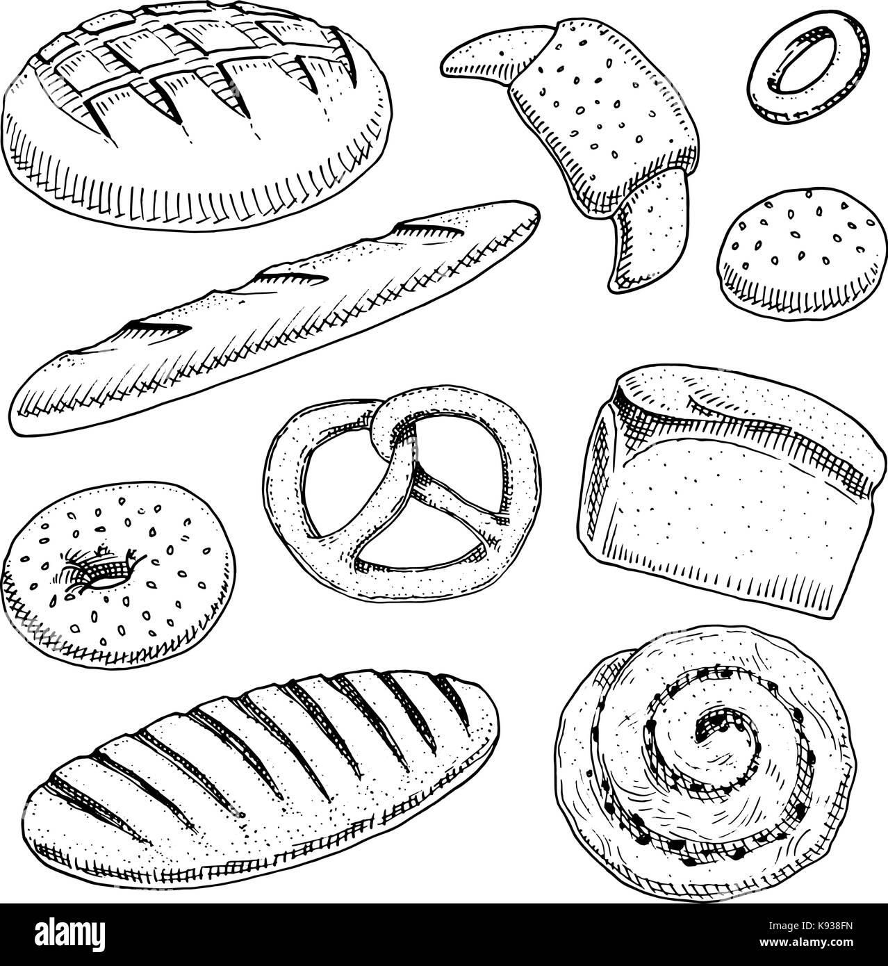 Brot und Gebäck Doughnut, lange Brot, Baguette und Kuchen und süße ...