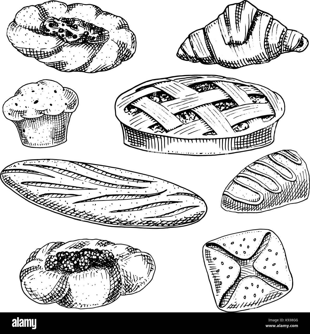 Brot und Gebäck Doughnut, lange Brot und Obst Torte. Kuchen und süße ...