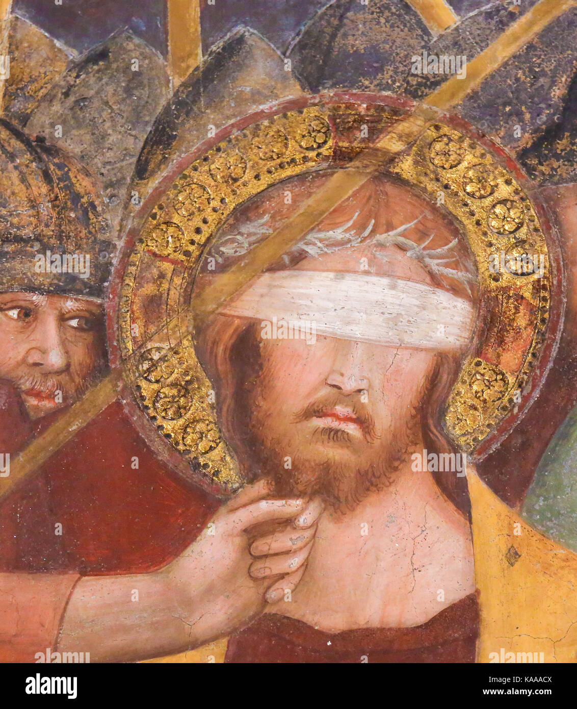 Renaissance Fresko Jesus, mit verbundenen Augen, am Karfreitag, in der ...