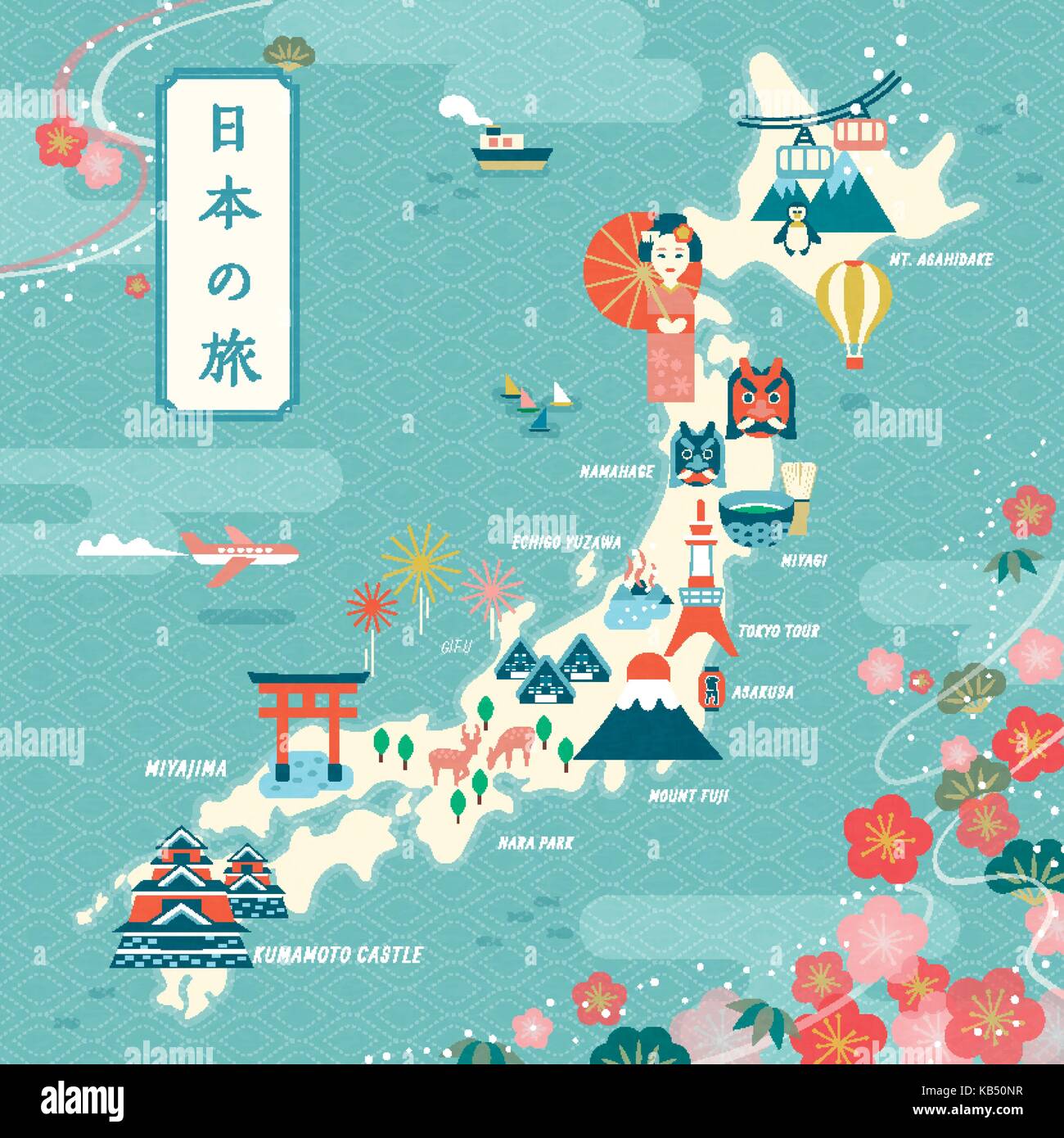 Elegante Japan reisen Karte, flache Bauform Wahrzeichen und ...