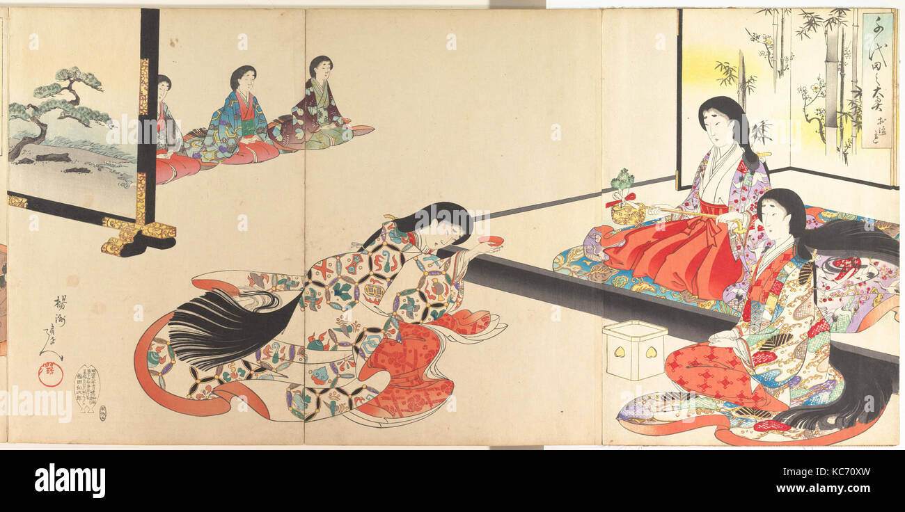 Chiyoda Schloss (Album von Frauen), Meiji-periode (1868-1912), 1895, Japan, Triptychon von ...