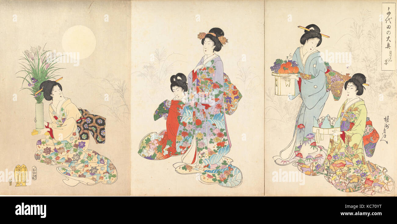 Chiyoda Schloss (Album von Frauen), Meiji-periode (1868-1912), 1895, Japan, Triptychon von ...