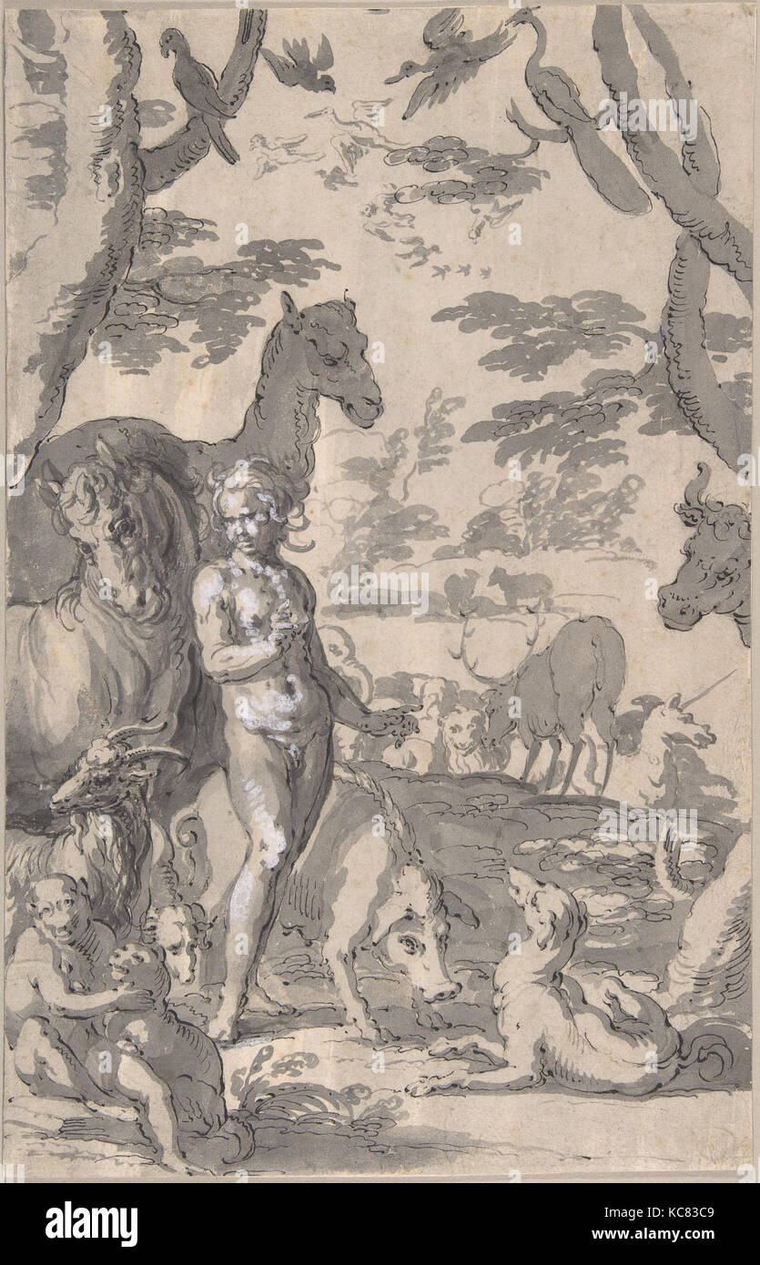 Adam im Garten Eden, der Benennung der Tiere, Joachim Wtewael, Ca. 1605 - 10 Stockfotografie - Alamy