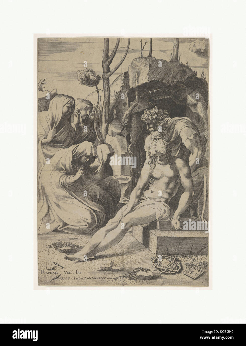 Grablegung Christi, dessen Brust von Joseph von Arimathia begriffen ist, mit beiden Knien und ...