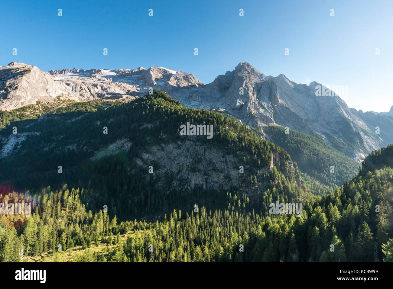 Blick auf den Wald und die Berge Gran Vernel, Marmolada, Südtirol ...