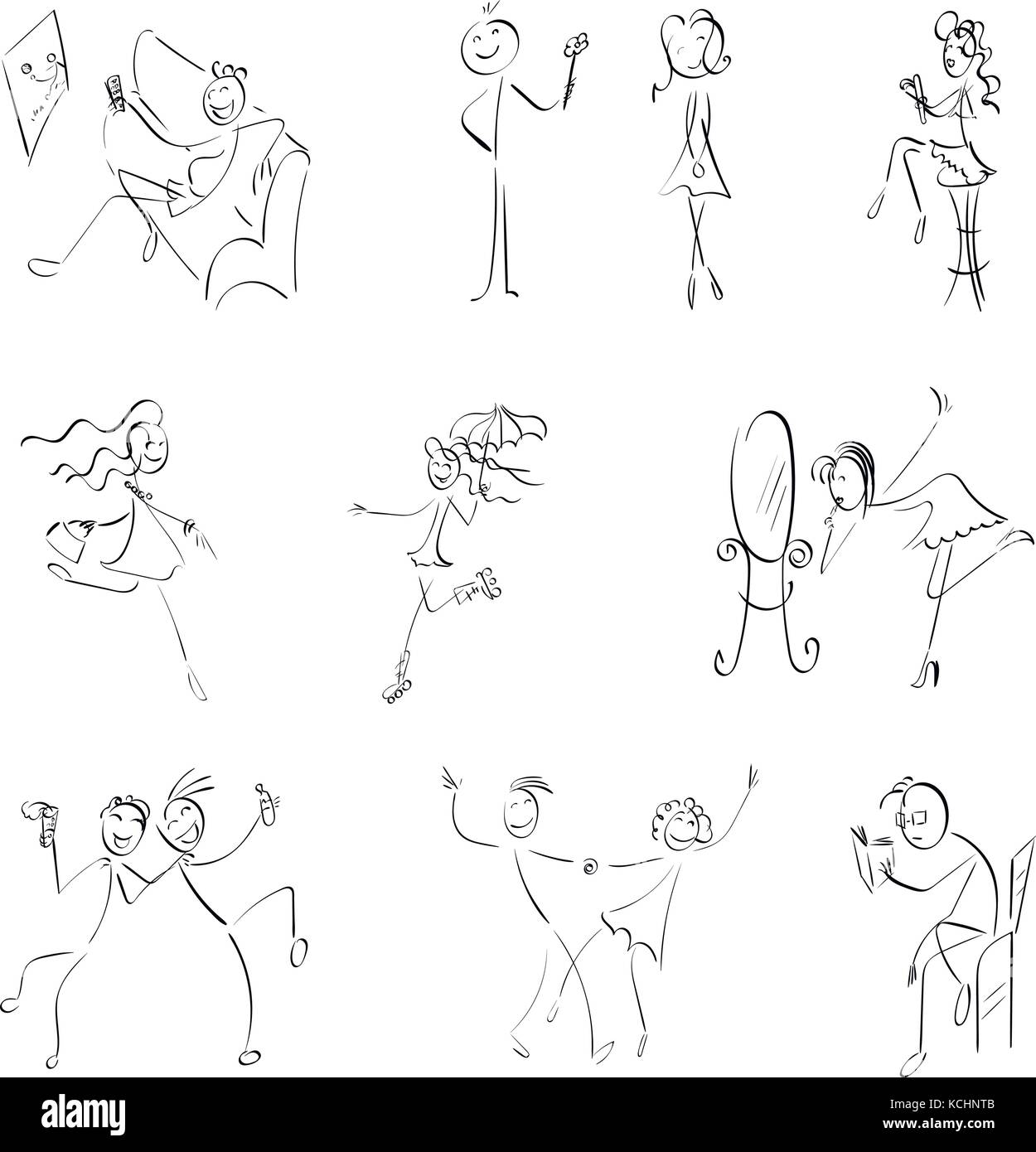 Cartoon vector doodle stickman woman Schwarzweiß-Stockfotos und -bilder ...