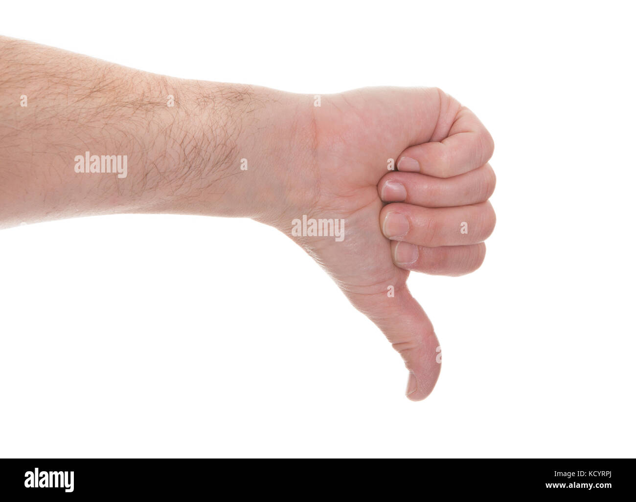 Männliche Hand zeigen, Daumen nach unten Zeichen Over White Background ...