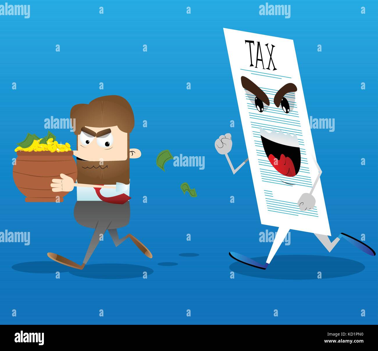 Business Office Worker laufen weg von der Steuer mit einem Topf Geld in ...