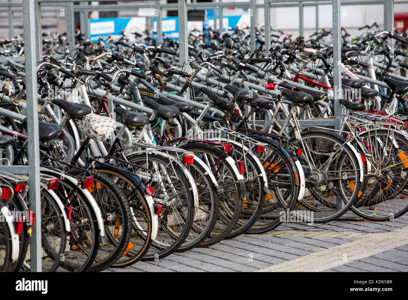Parkplatz für Fahrräder steht in einer Stadt, viele Fahrräder werden ...