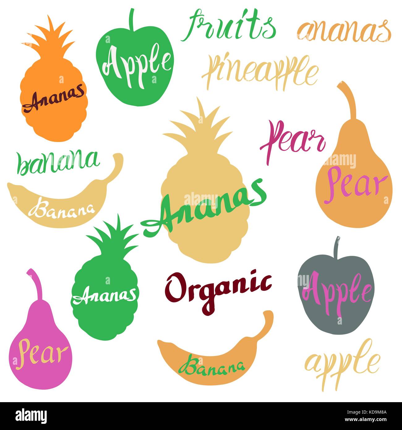 Vector Obst Logo. Obst und Gemüse Silhouetten mit Schriftzug. Früchte ...