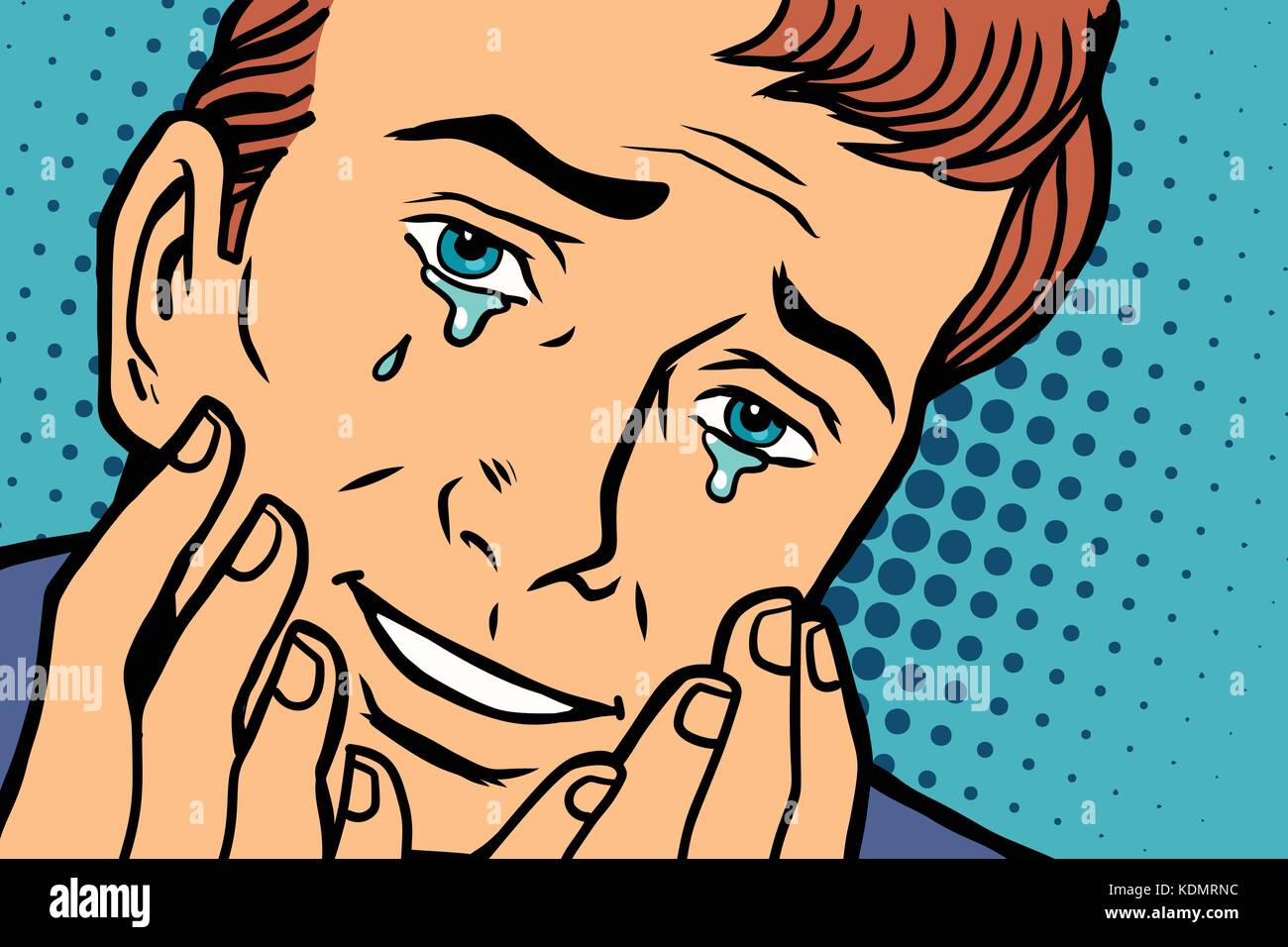 Tränen der Freude, lustiges Gesicht Mann in Liebe. Comic cartoon Pop ...