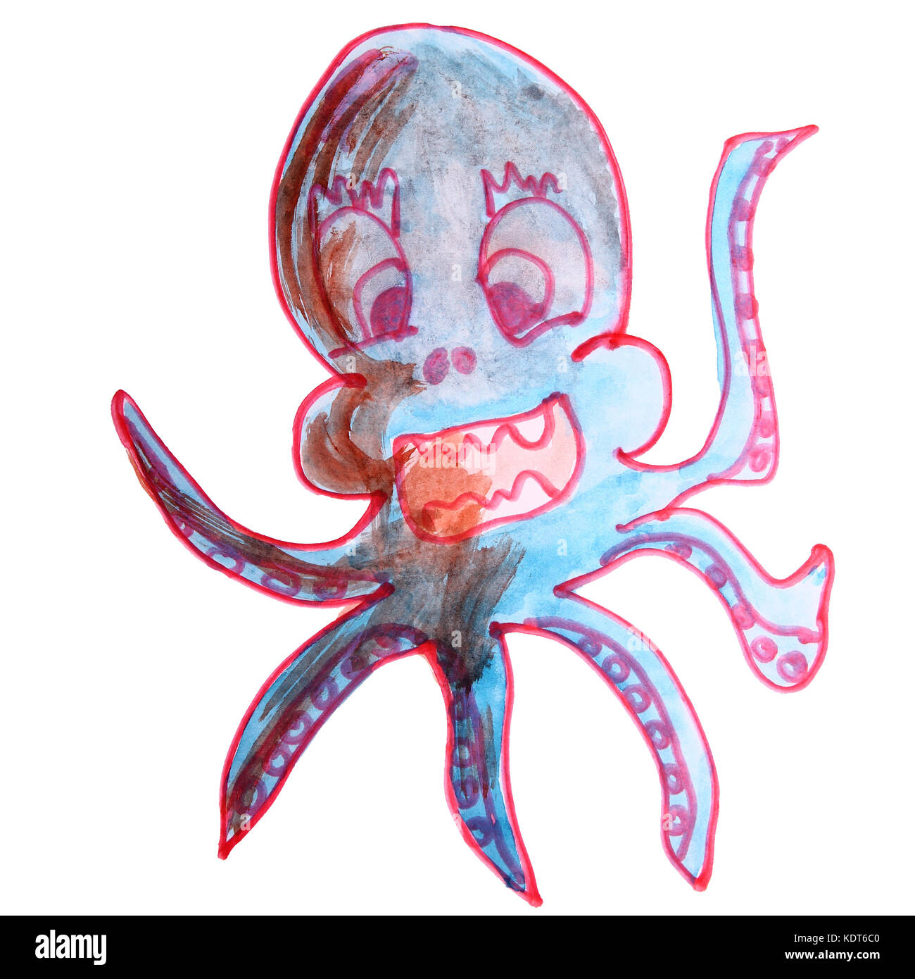 Aquarell Zeichnung ein kinder cartoon Octopus auf einem weißen backgro ...