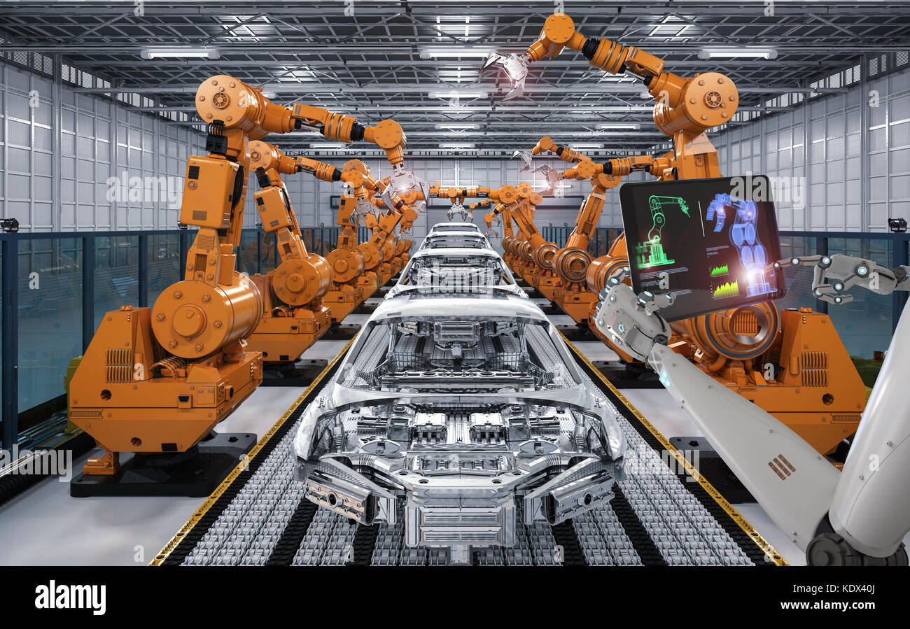 3D-Rendering cyborg Steuerung Roboter in der autofabrik Stockfotografie ...