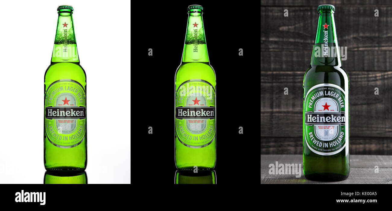 London, UK - 17. Oktober 2016: Flasche Heineken Lagerbier auf drei ...