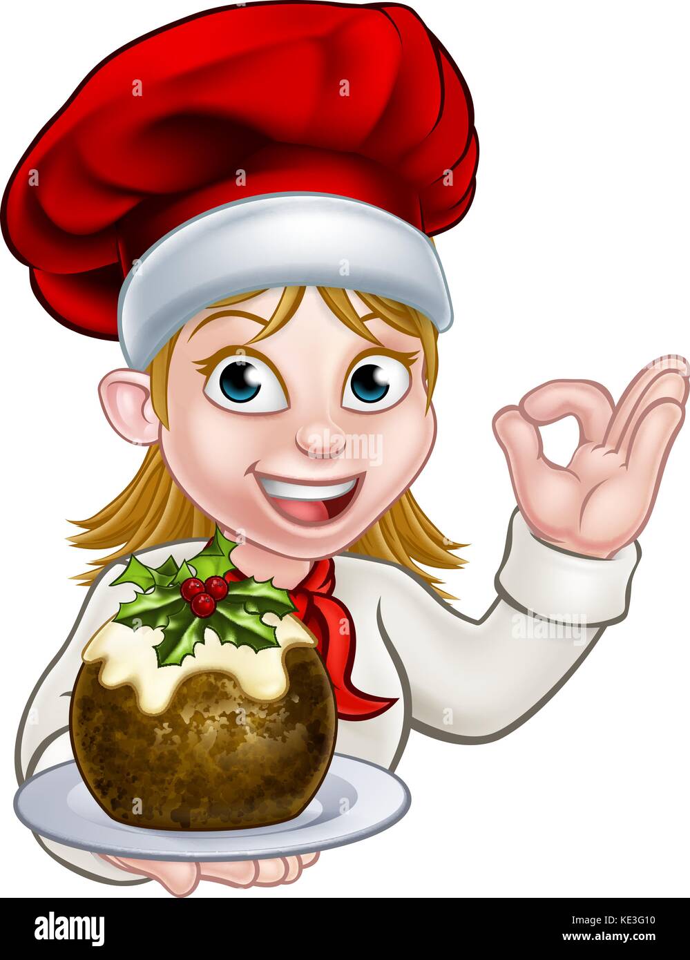 Eine Frau Koch cartoon Charakter tragen ein Santa wie Hut Holding a ...