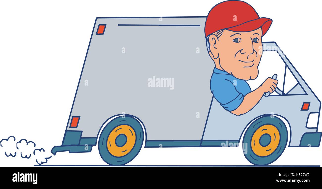 Cartoon Stil Abbildung eines Delivery Man guy Fahrer fahren Lkw ...