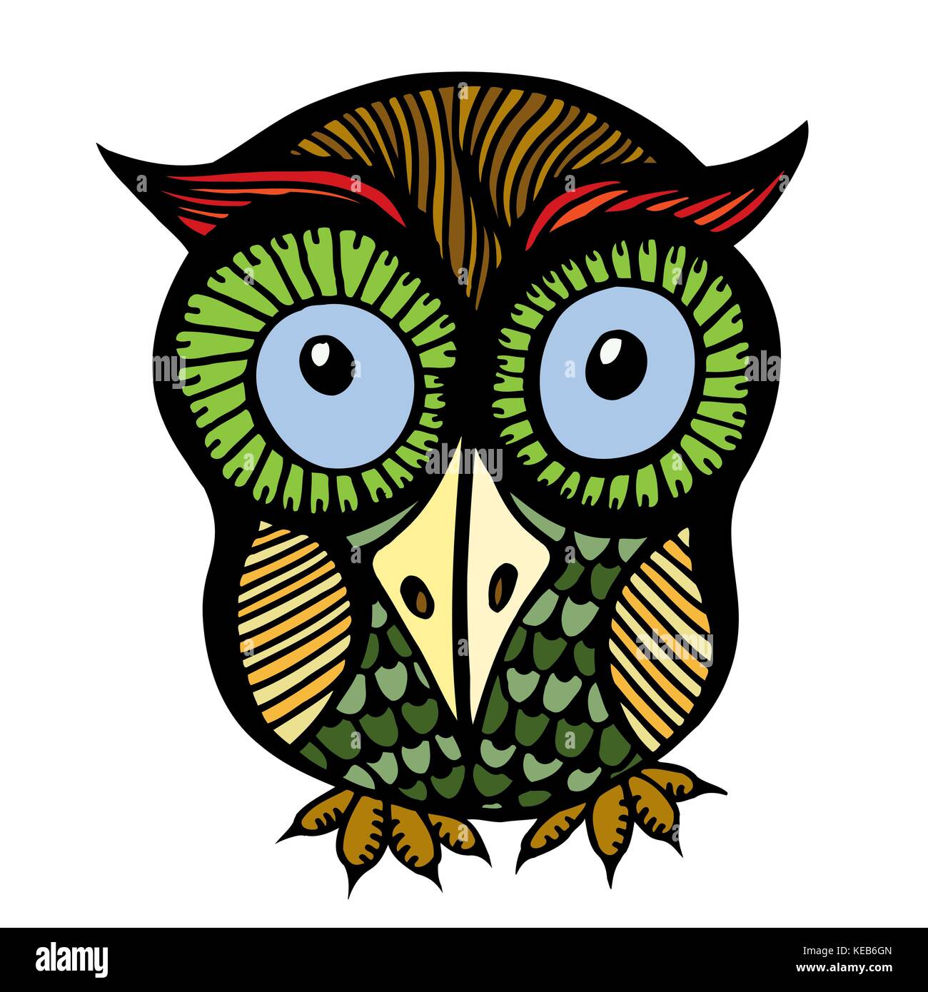 Hand Farbe Abbildung: Eule fliegen Vogel gezeichnet. Farbige doodle ...