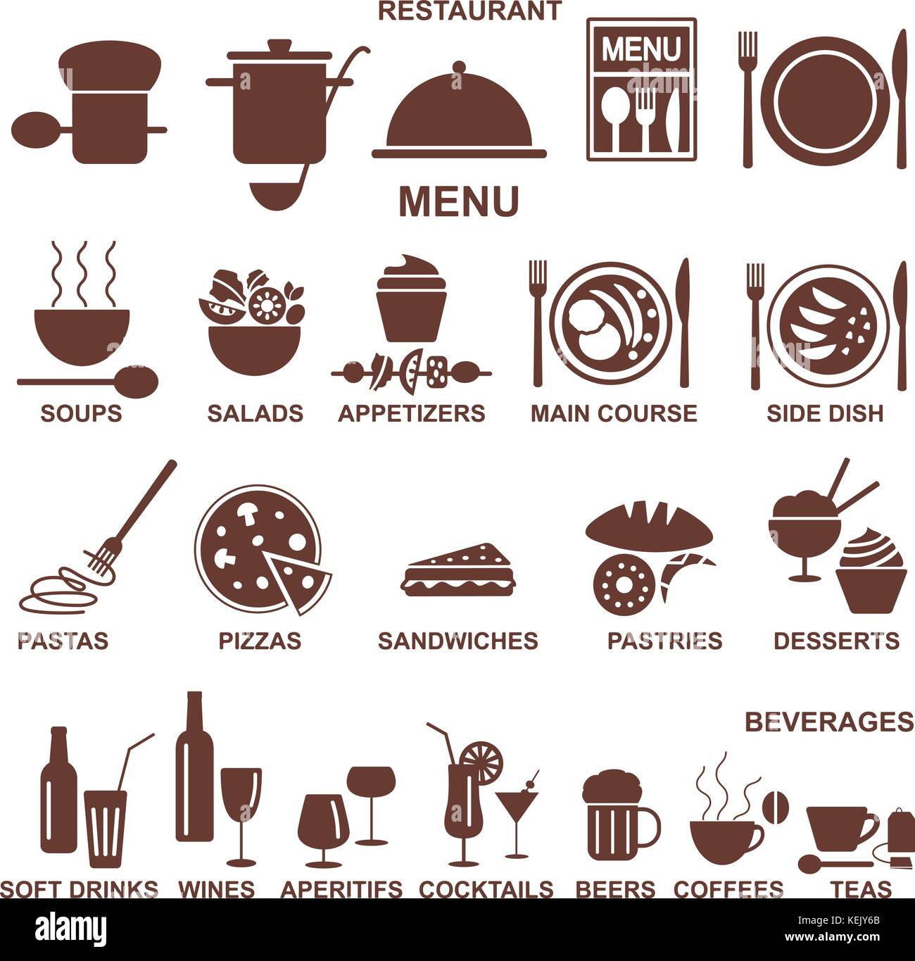 Verschiedene Restaurant Menü Elemente Vektor silhouette Symbole Stock ...