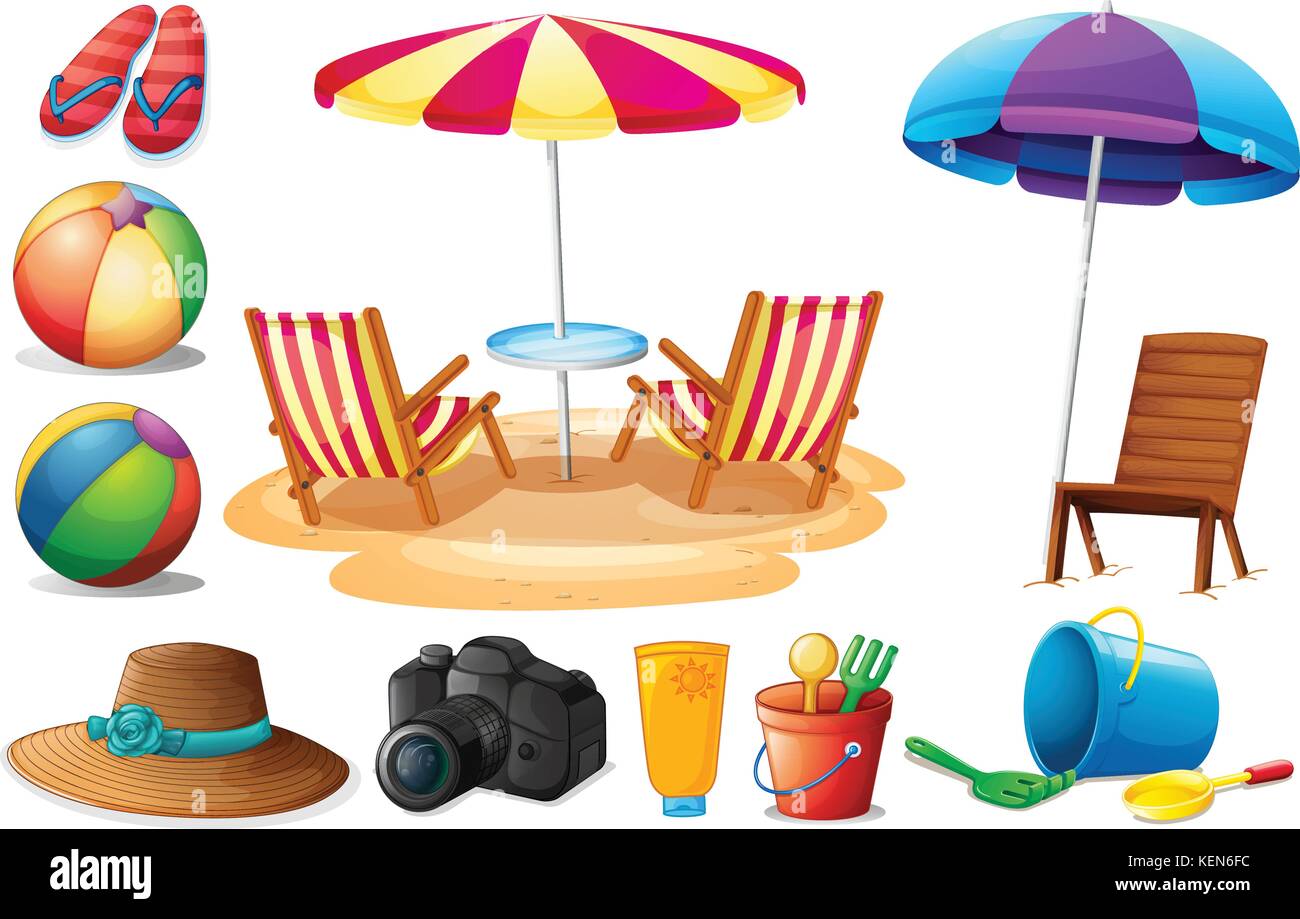 Abbildung: die Sachen, die am Strand im Sommer gefunden auf weißem ...