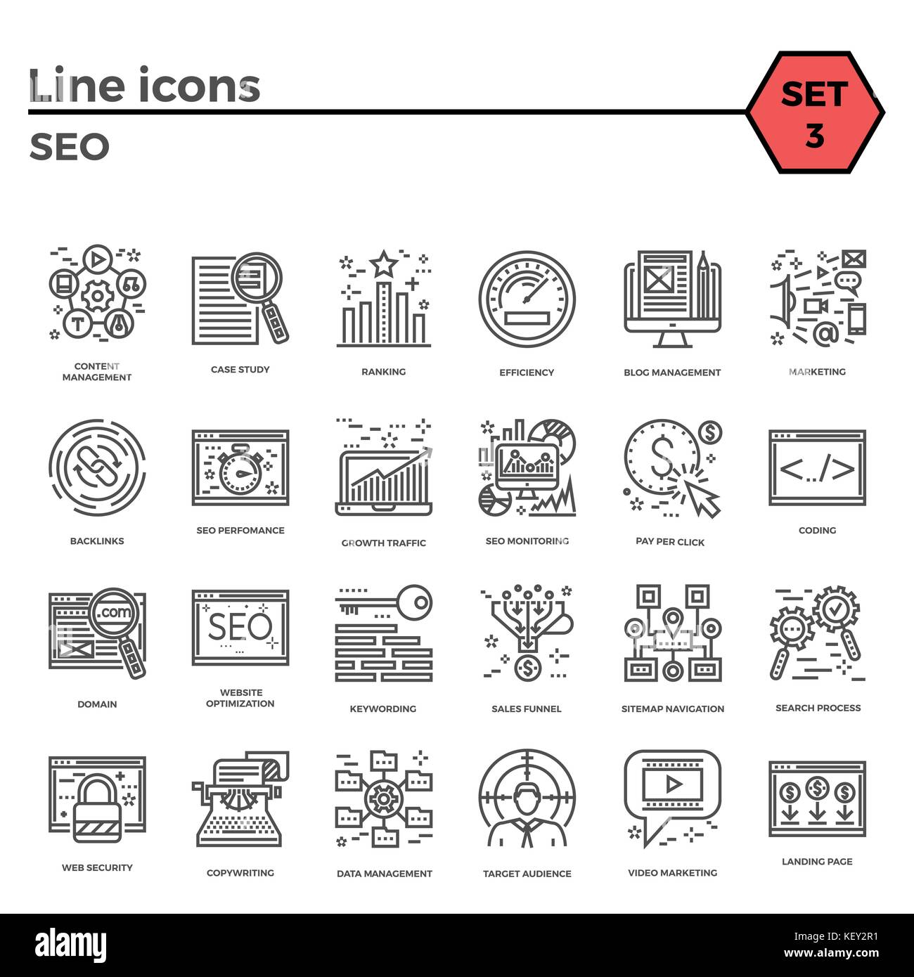 Seo Thin Line ähnliche Symbole gesetzt auf weißem Hintergrund. Einfache ...