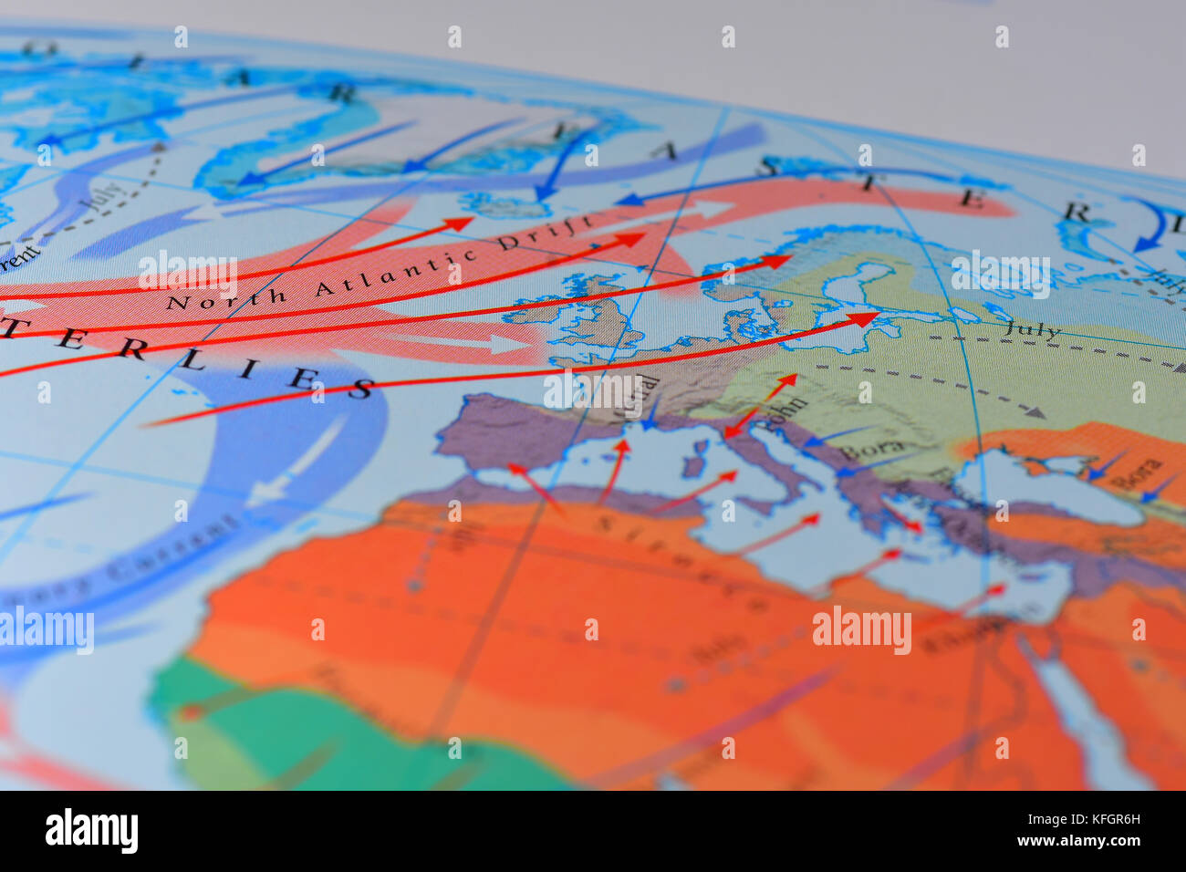Nahaufnahme einer Karte von Windrichtungen über Europa Stockfotografie ...
