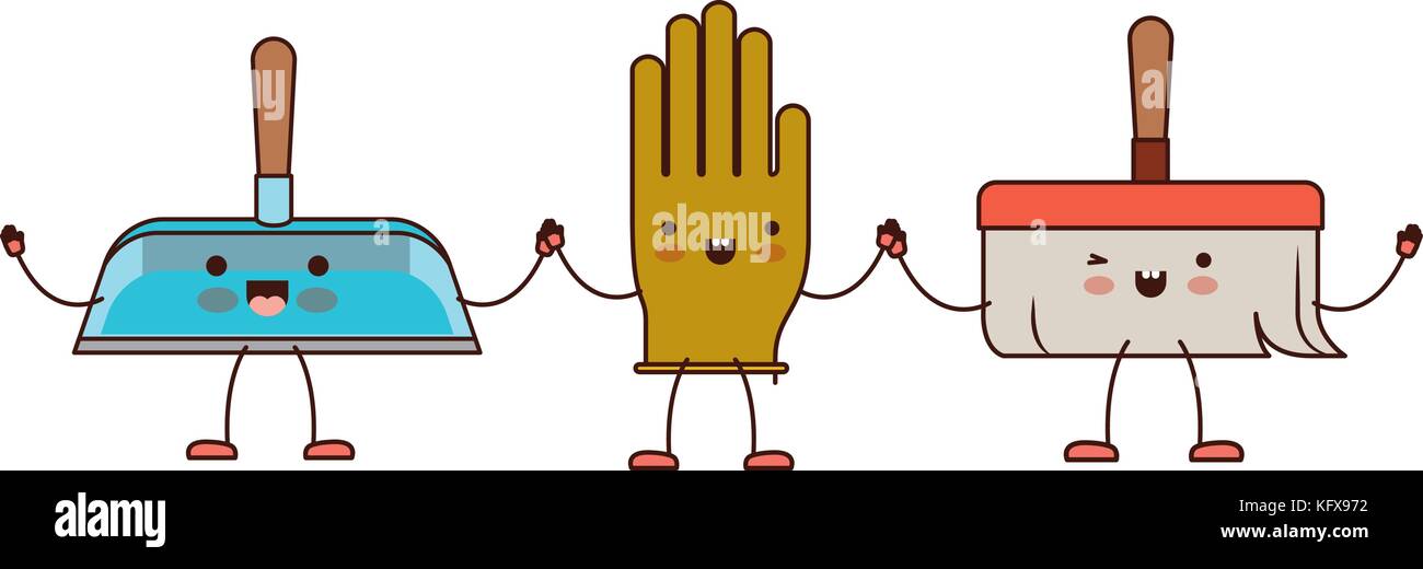 Kawaii cartoon Handfeger und Kehrblech Handschuh und Hand Hände halten ...