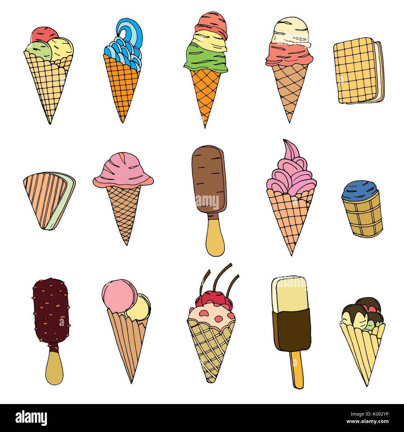 Sammlung von Cute Vector hand cartoon Eis gezeichnet. Kegel und Eis mit ...