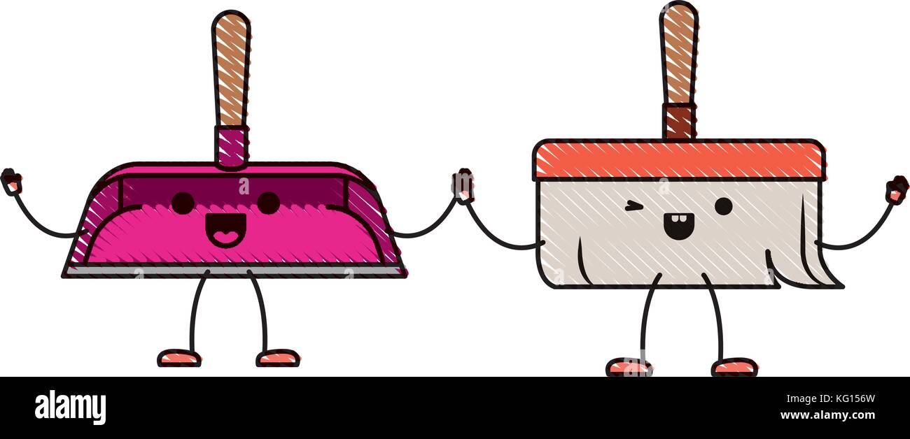 Kawaii cartoon Handfeger und Kehrblech Hände halten in farbige Kreide ...