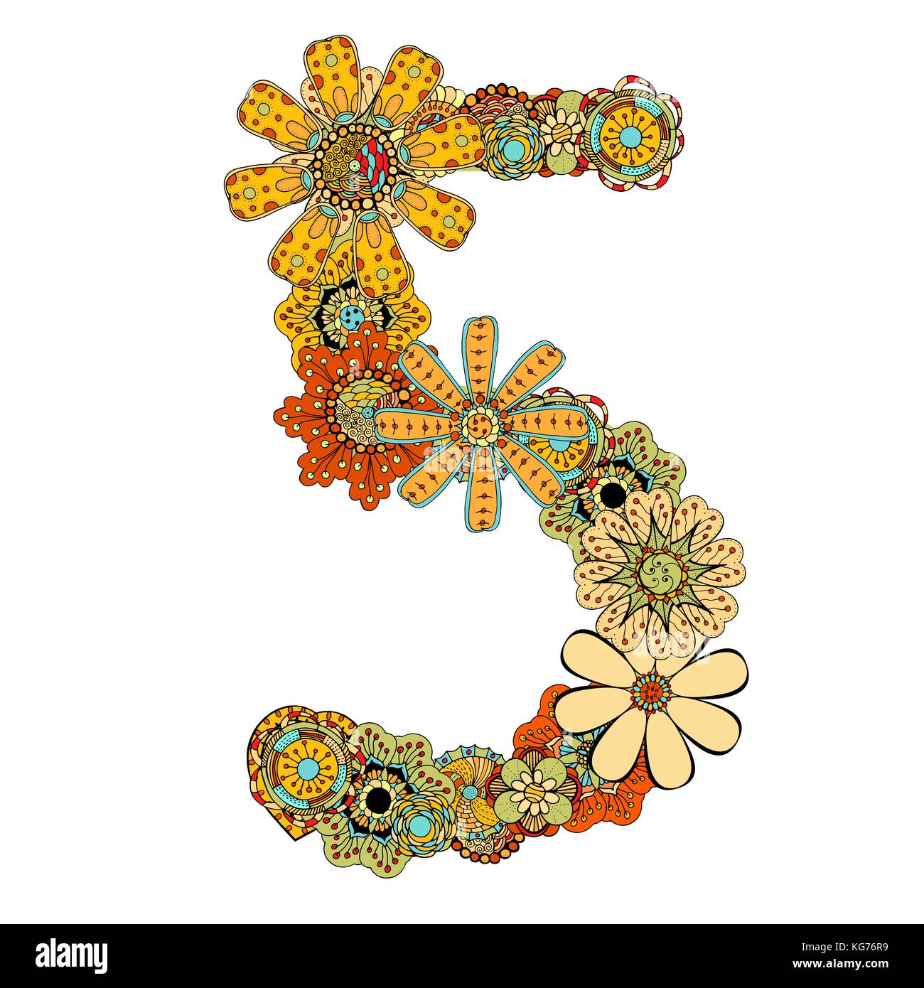 Nummer fünf der Hand Blumen gezeichnet. floralen Ziffern. Vector ...