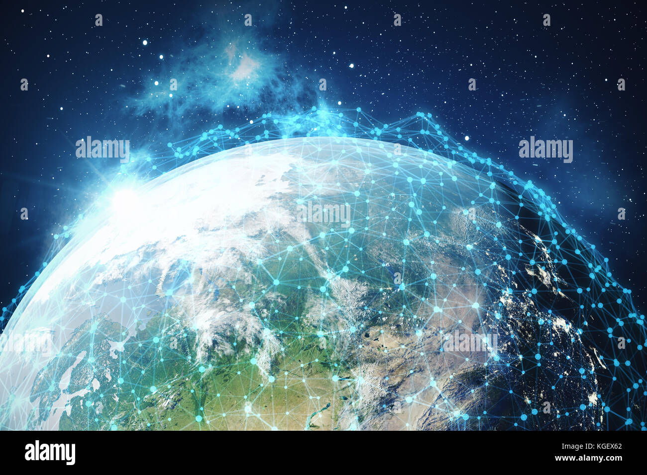 3D-Rendering globales Netzwerk und Datenaustausch. Verbindungslinien um ...