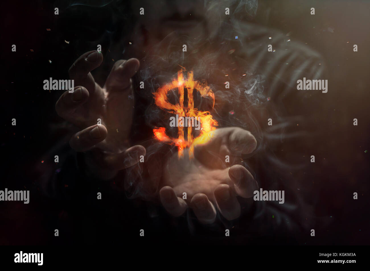 Brennen Symbol der Dollar mit Mann im Hintergrund. Konzeption ...