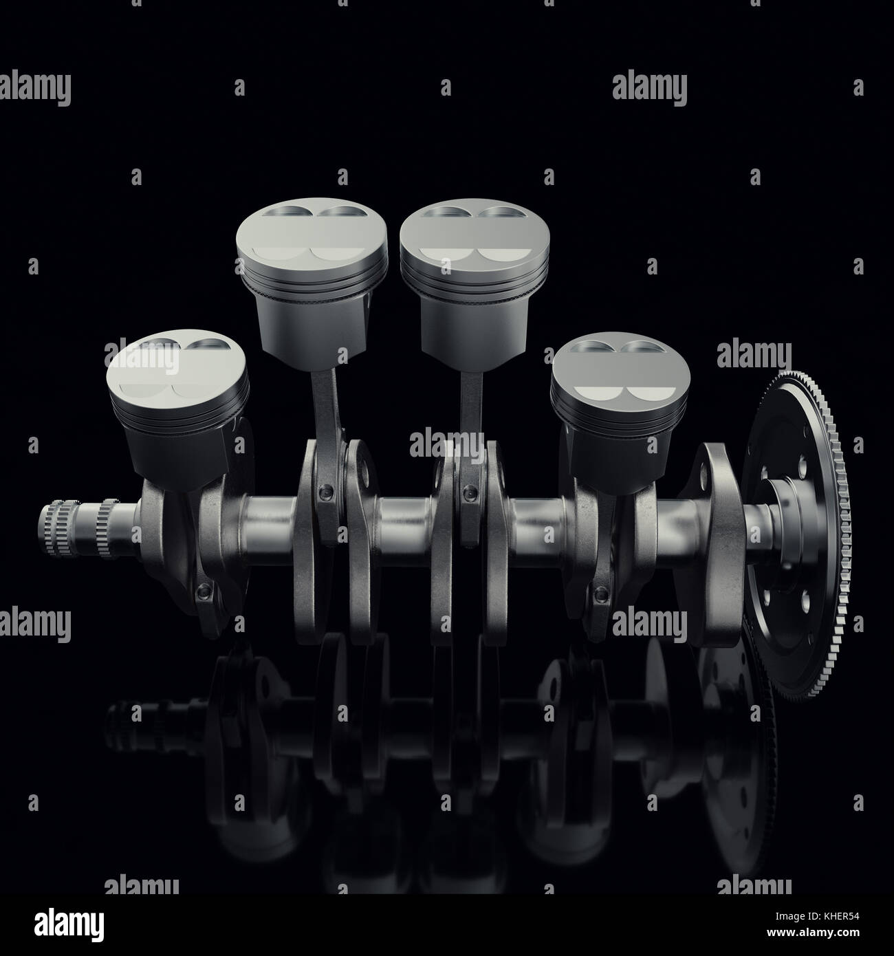 Kolben und Zahnrad des V4-Motors auf schwarzem Hintergrund. Kolben und ...