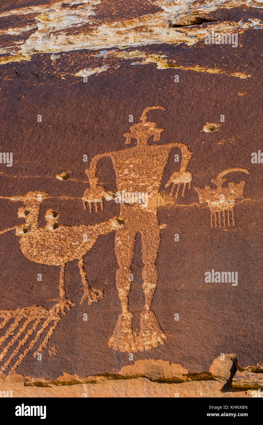 Petroglyphen von Ancestral Puebloans mit Bullet Holes, Wolfman Panel ...