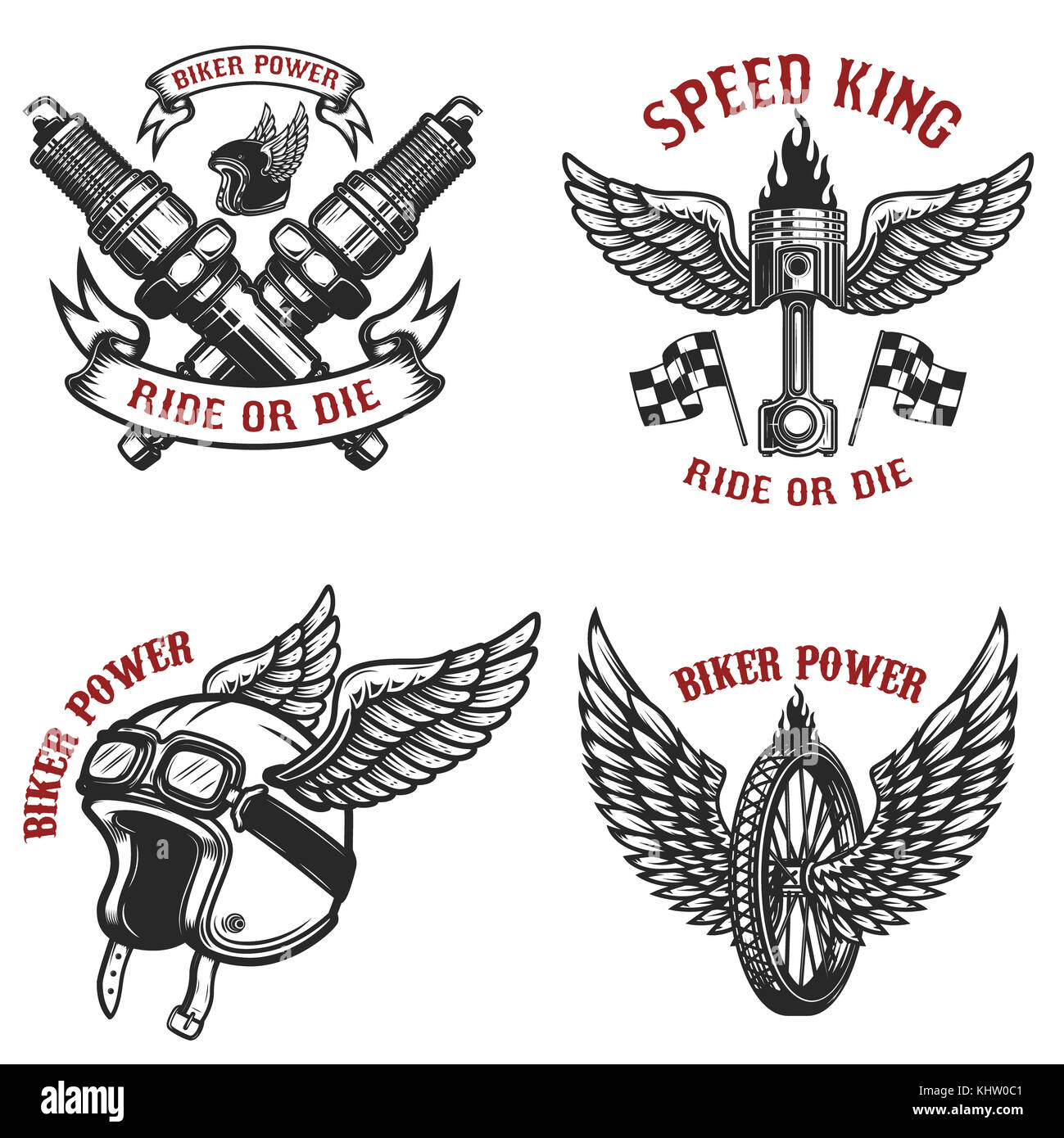 Set Vintage Motorcycle Embleme auf weißem Hintergrund. winged Kolben ...