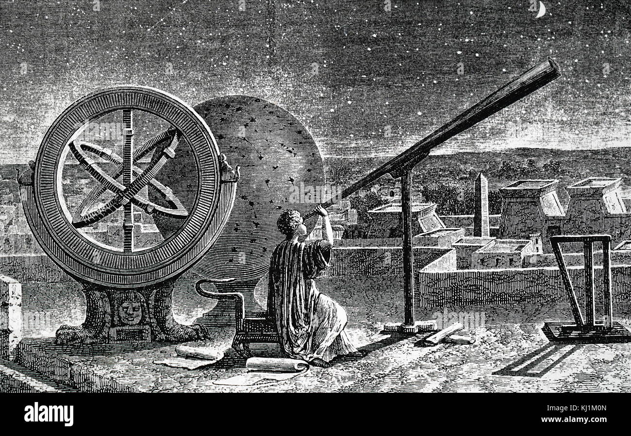 Phantasievolle Rekonstruktion von Hipparchus in seinem Observatorium in ...