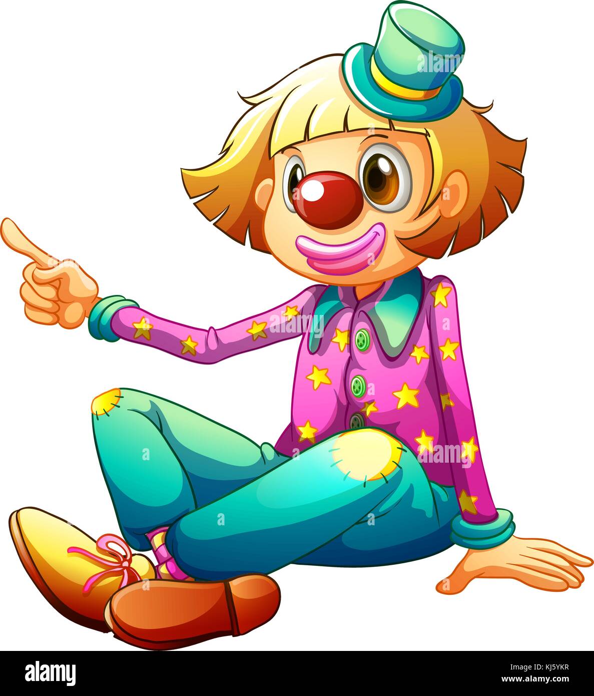 Abbildung: ein Clown sitzen beim Zeigen auf weißem Hintergrund Stock ...