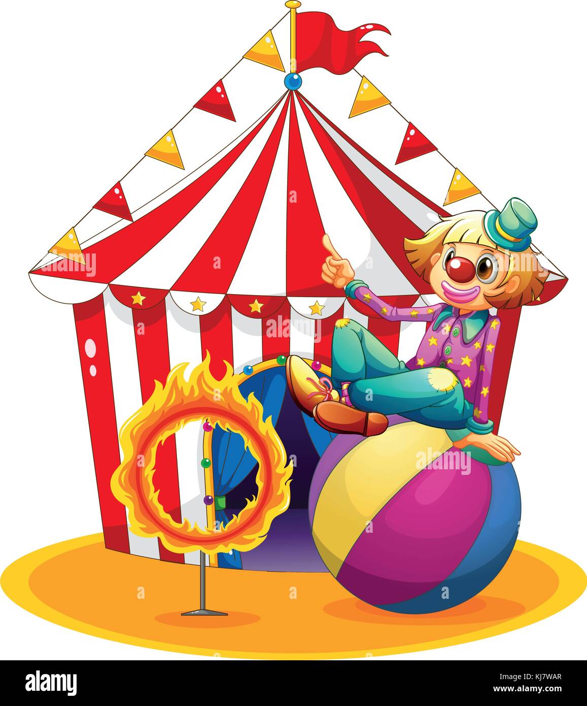 Abbildung: ein Clown über einer Kugel sitzt neben einem Ring des Feuers ...